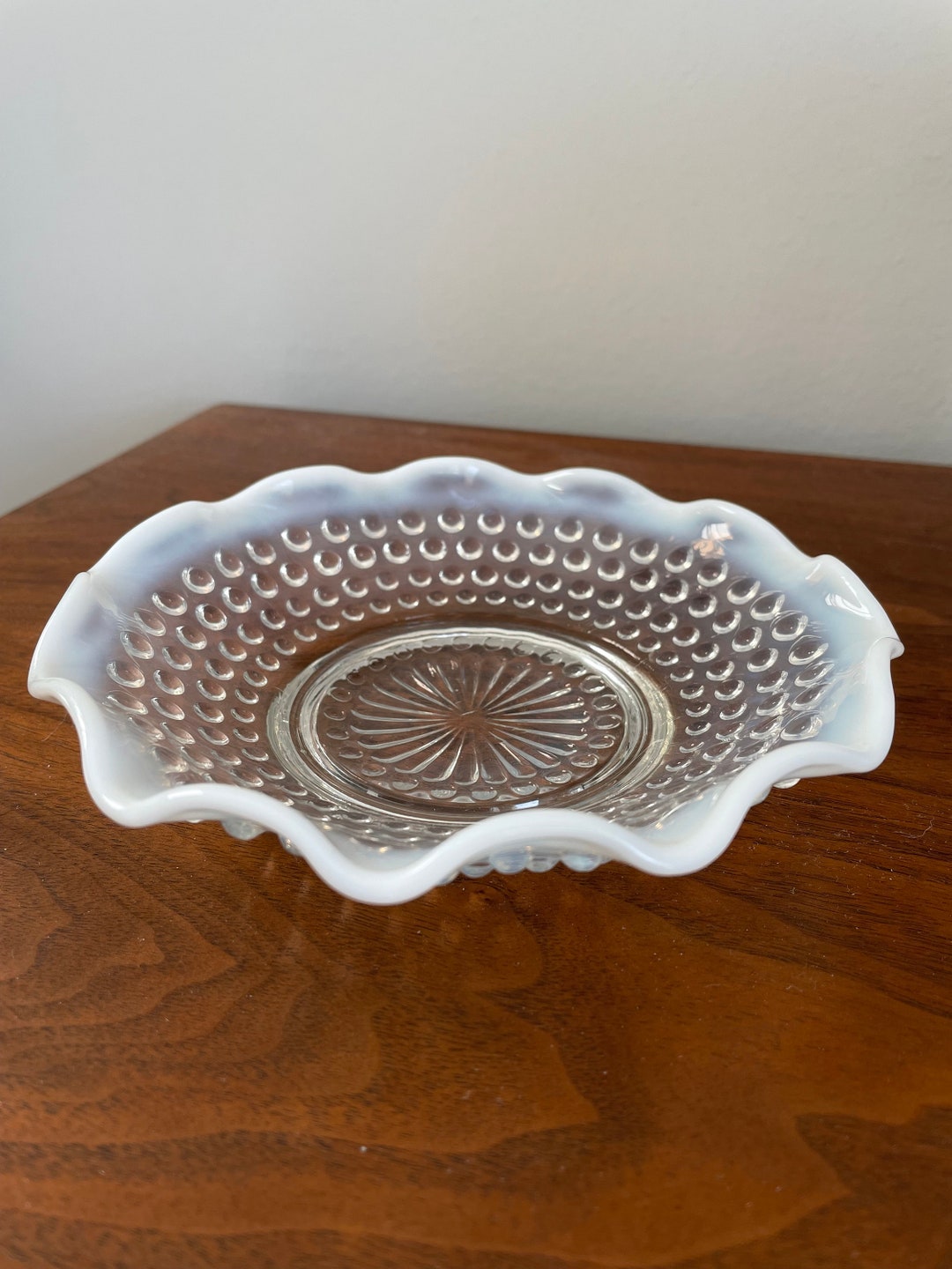 Early Fenton "moon Glow" Opalescent Hobnail Ruffled Dish - Etsy