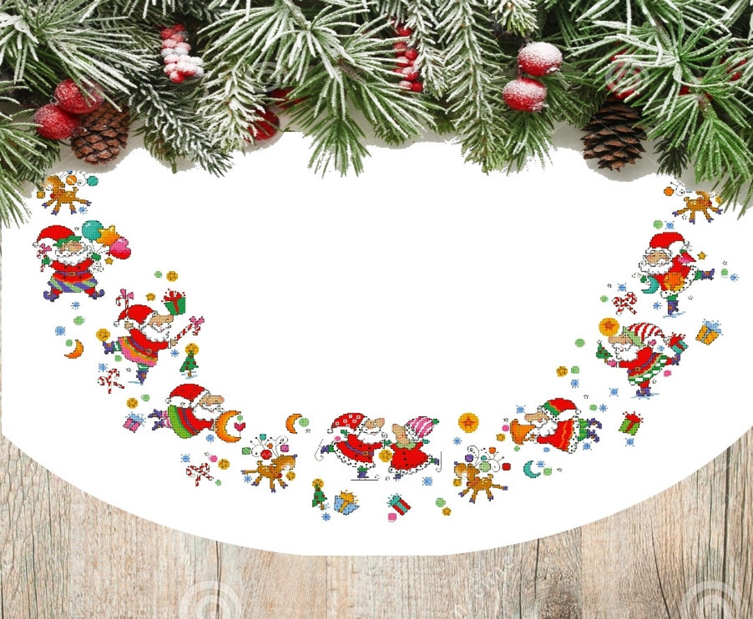 Plauful Santas Tree Skirt Christmas Tree Skirt Holiday Counted Cross