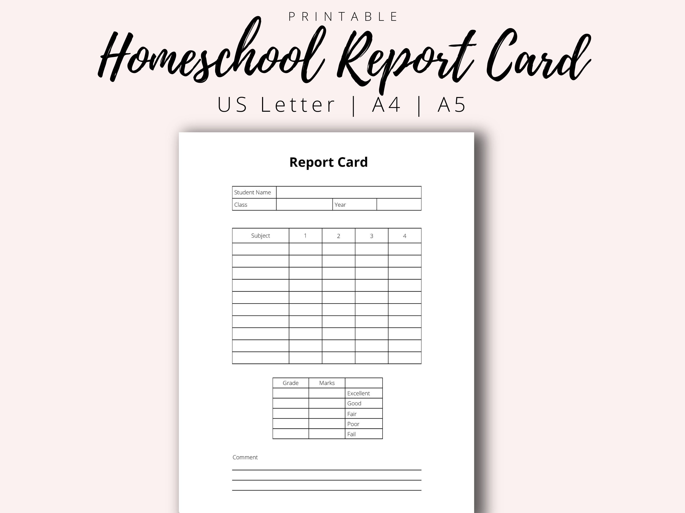 Homeschool Report Card Academic Report PDF, JPG Us Letter, A4, A5 Size ...