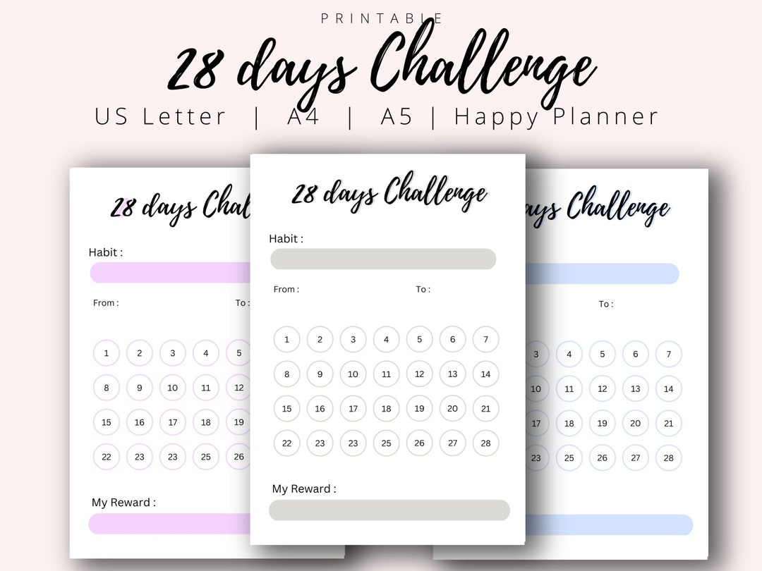 28 Days Habit Challenge Habit Tracker Goal Setting Progress Tracker A4 ...