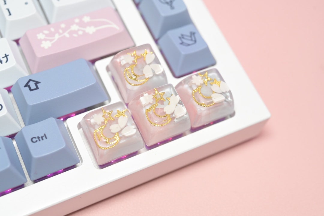 Kawaii Cute Pink/blue Pastel Celestial Sakura Artisan Keycap for ...