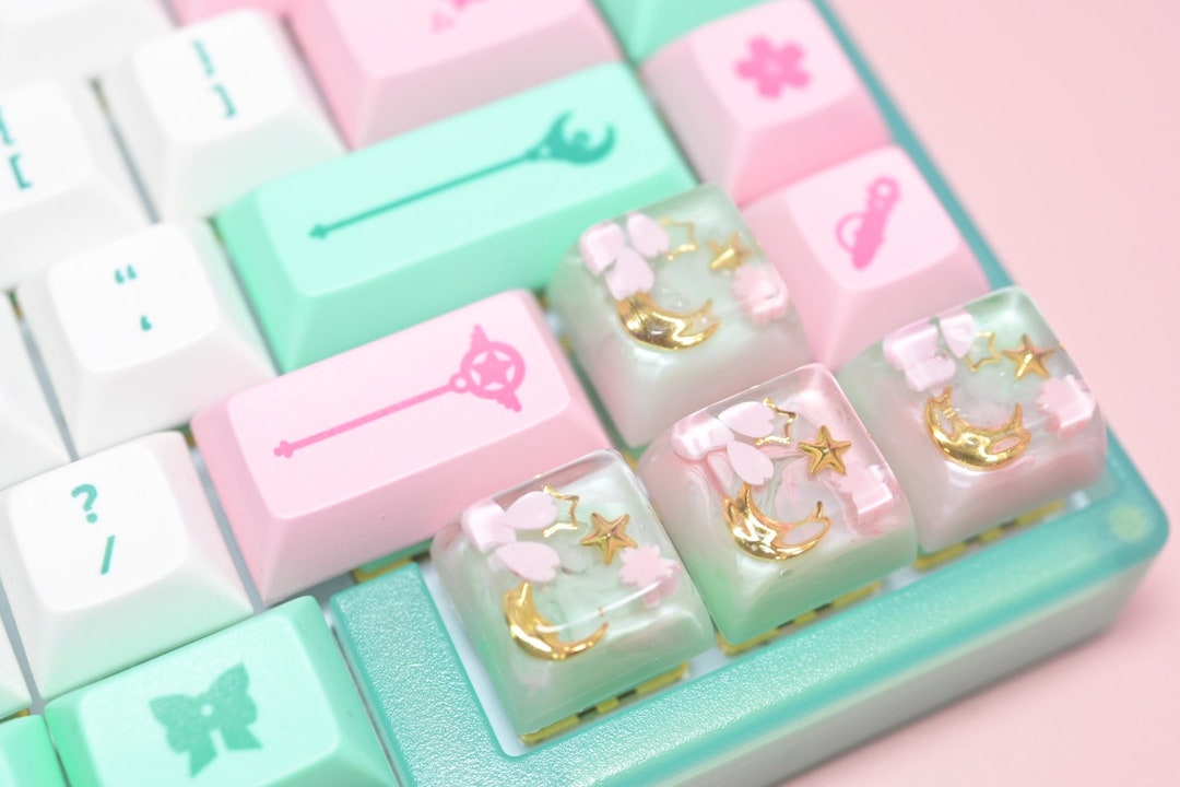 Kawaii Cute Pink/mint Pastel Celestial Sakura Artisan Keycap for ...