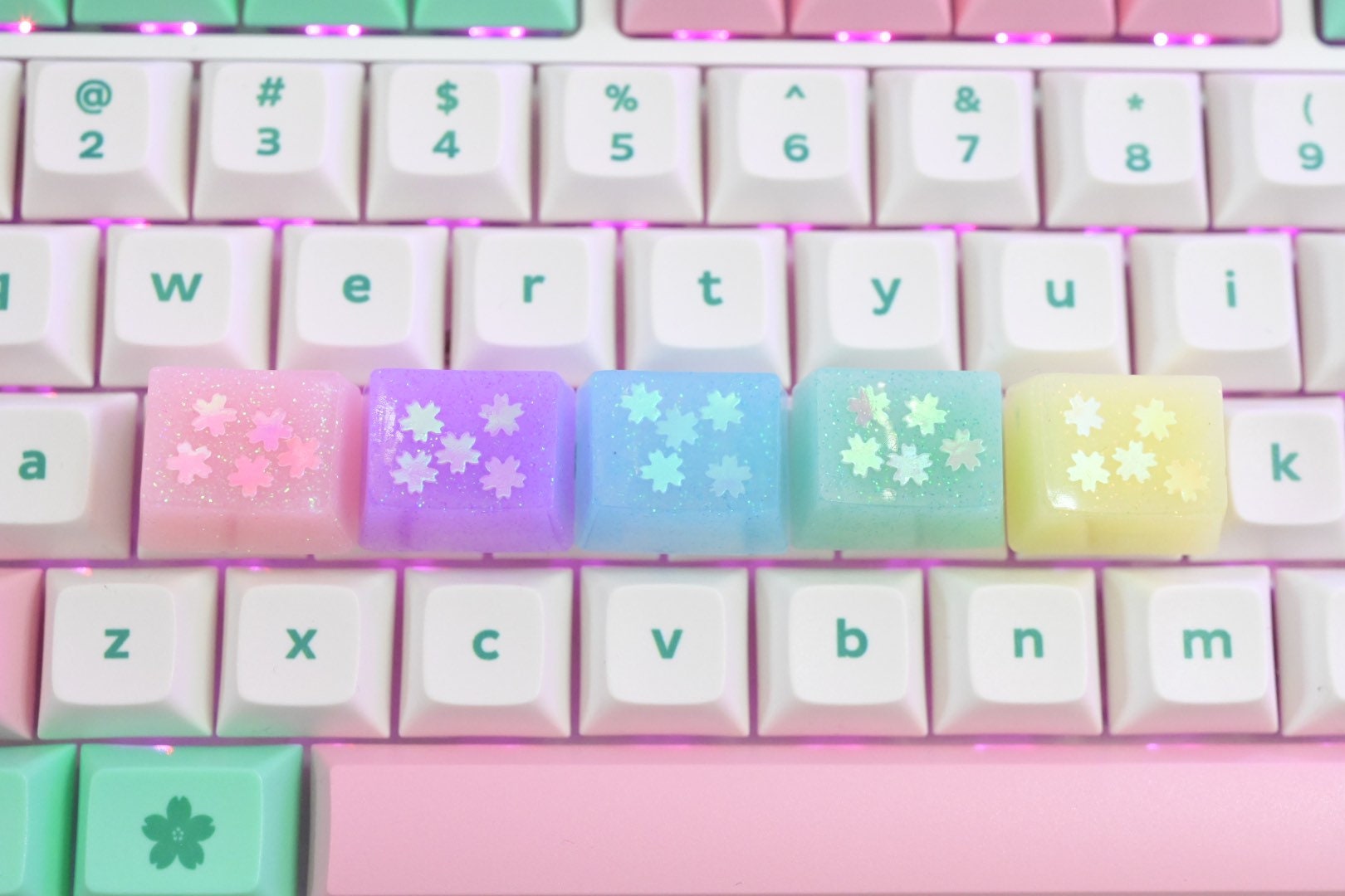 Kawaii Cute Pink Pastel Blue Sakura Artisan Keycaps for - Etsy