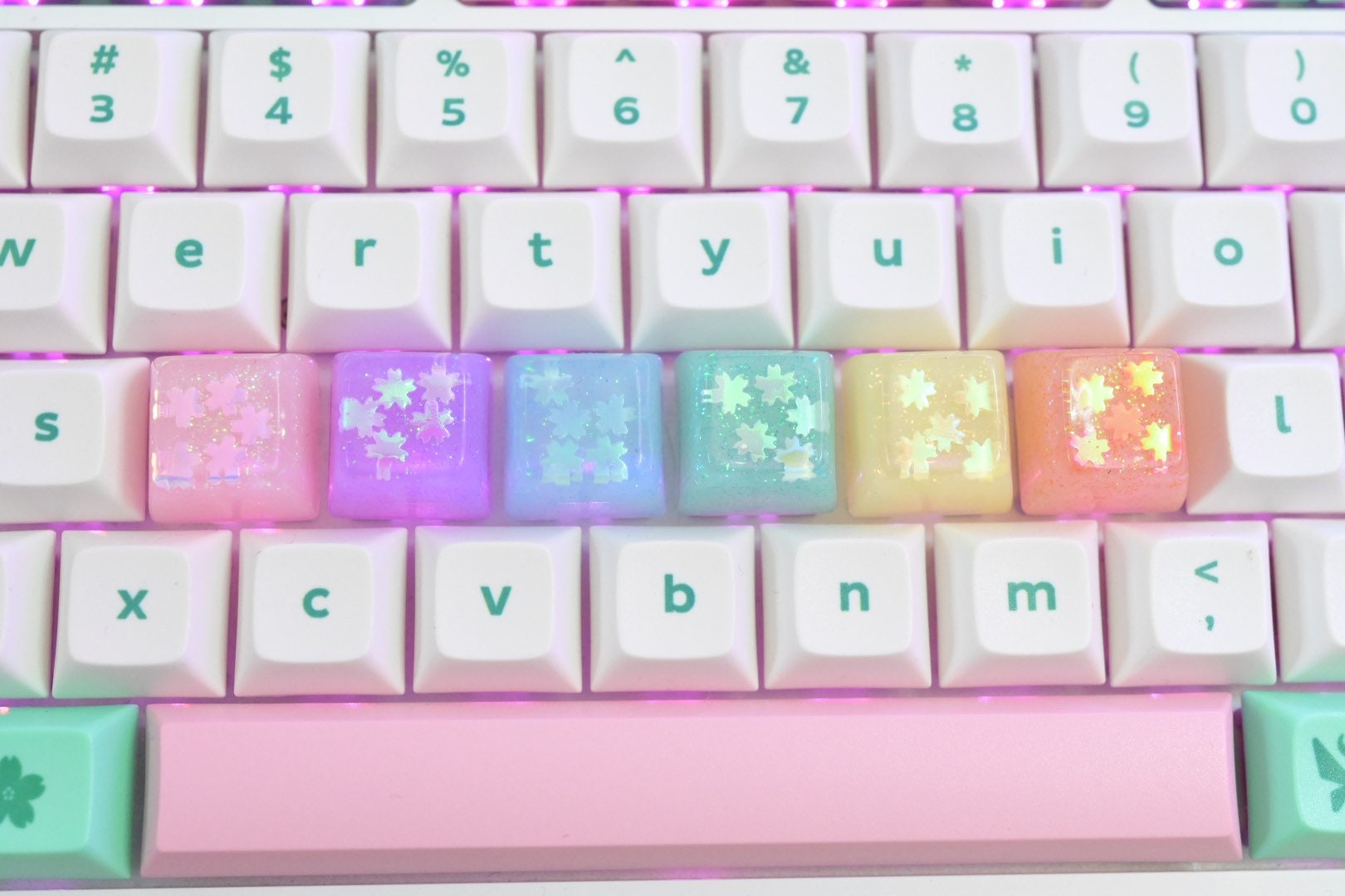 Kawaii Cute Green Pastel Sakura Flowers Artisan Keycap for | Etsy