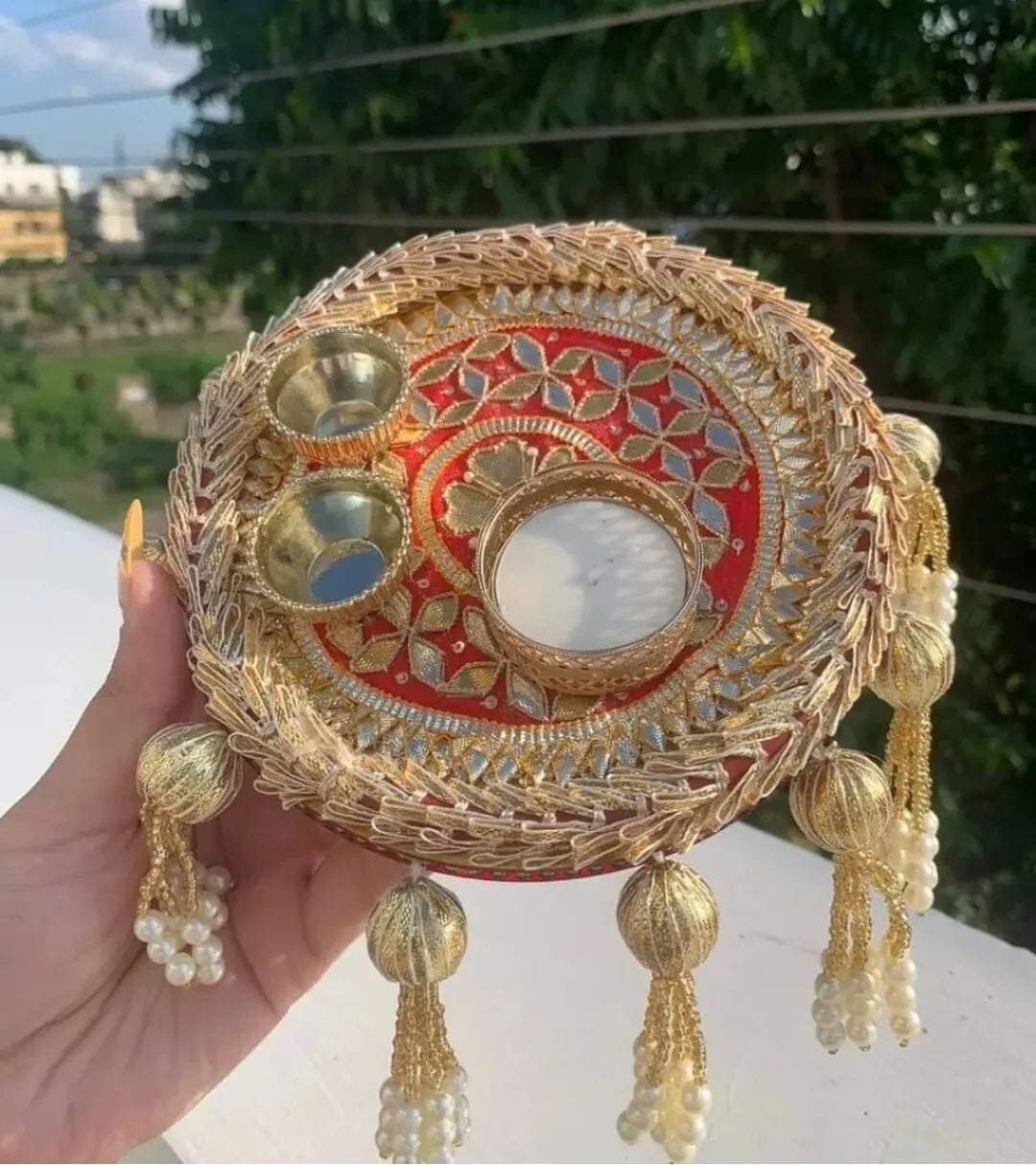 Handcrafted Pooja Thali, Traditional Gotta Patti Puja Thali With Pearl ...