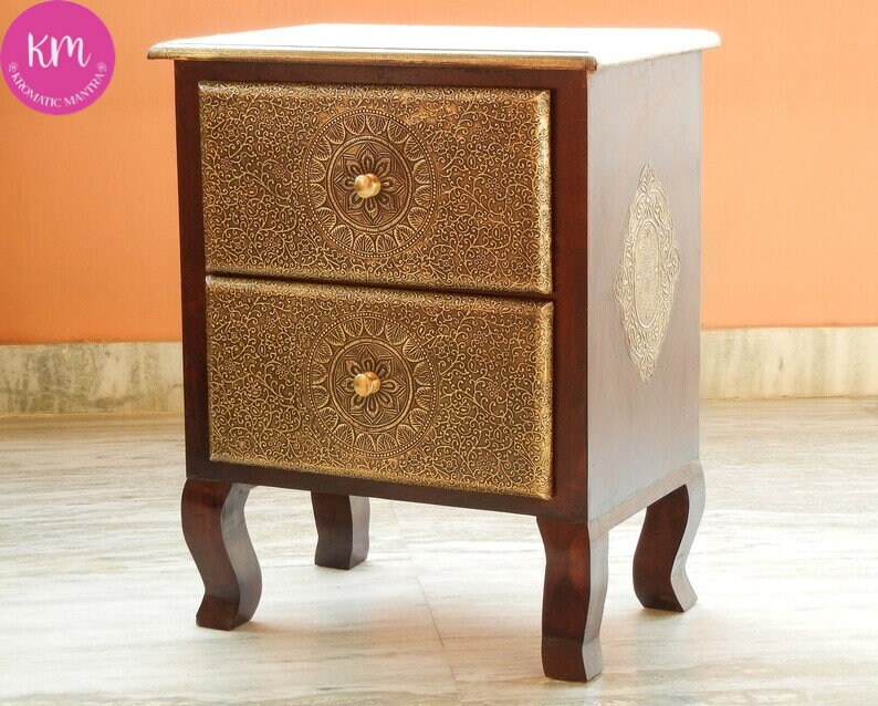 Rajasthani Brass Wooden Bedside Table Nightstand Chest of Drawer End ...