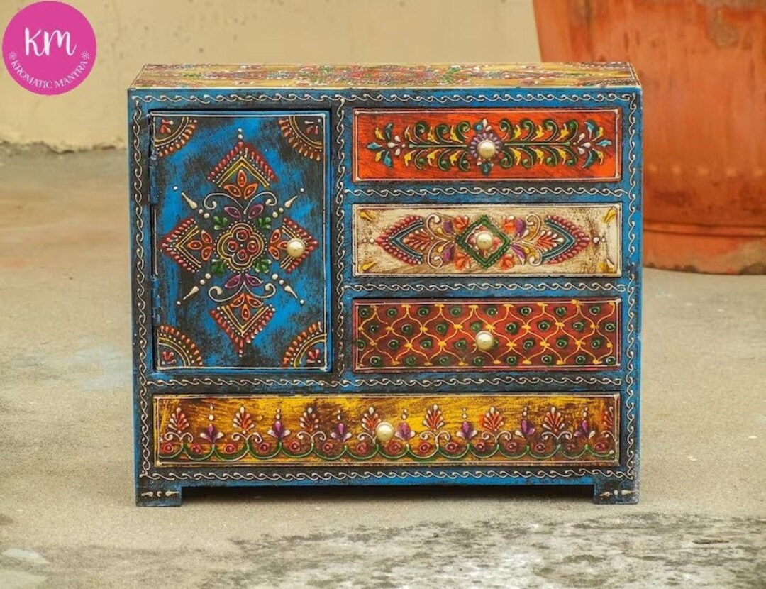 Cute Wooden 5 Chest of Drawer Indian Hand Painted Desk Organizer Office ...