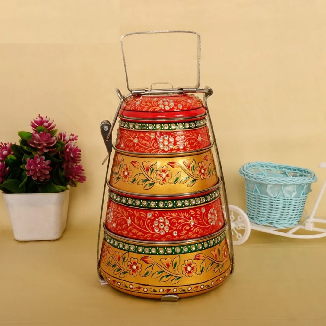 Traditional Indian Tiffin Four Container Steel Lunch Set Steel Carrier ...