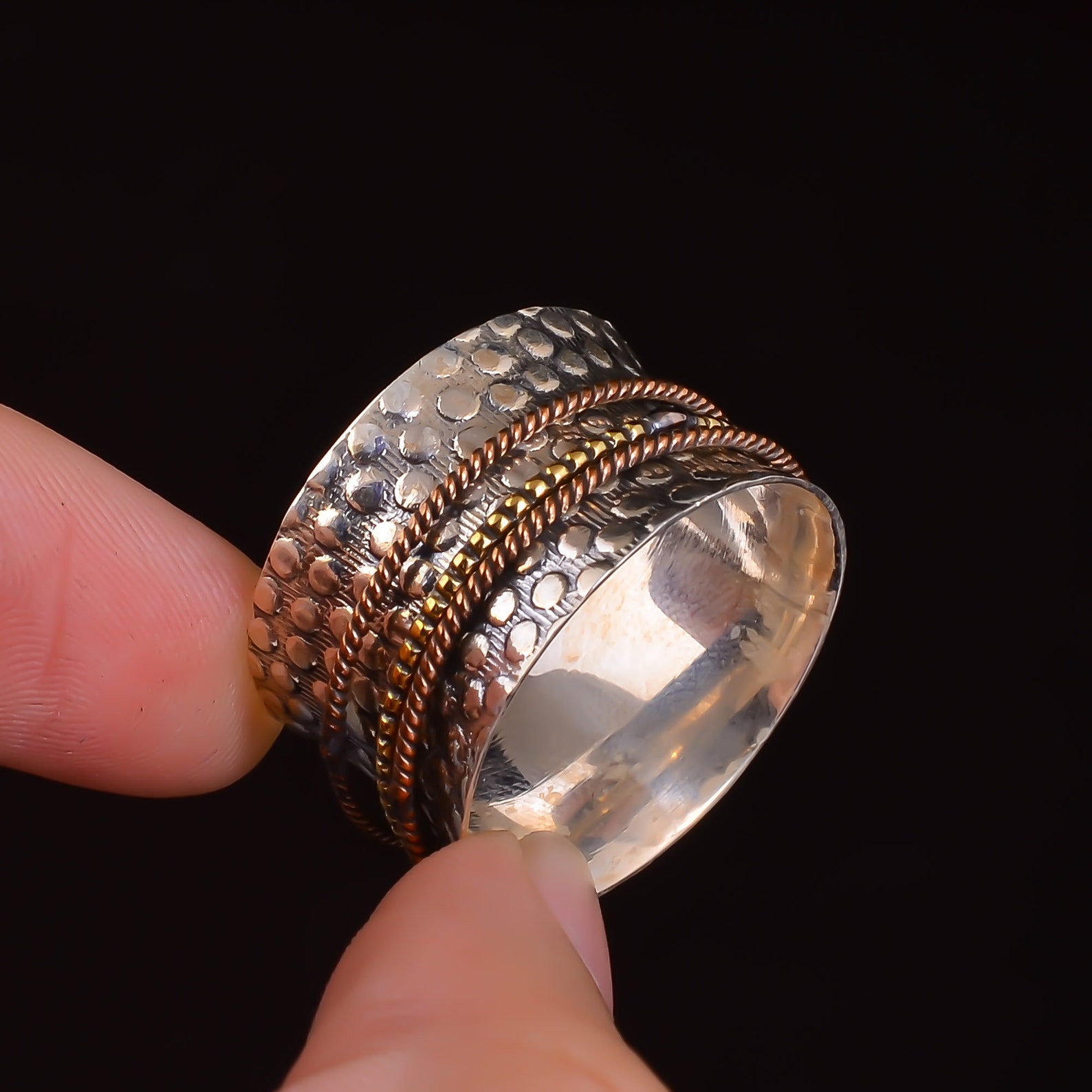 Textured Solid 925 silver fidget ring Three tone sterling | Etsy