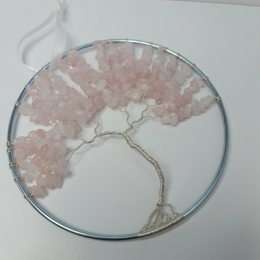 Rosenquarz Edelstein Baum Hoop Handgefertigter Kristall Baum des Lebens Suncatcher Draht Bonsai ...