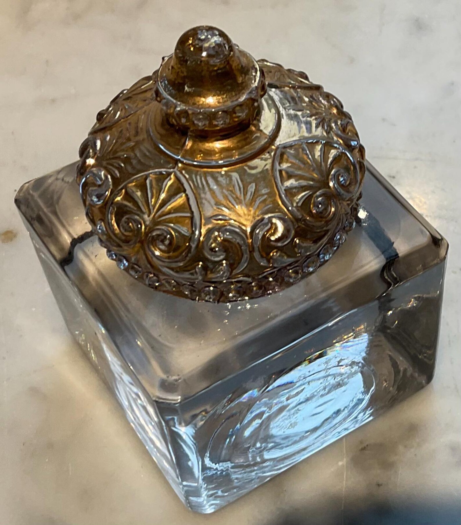 Vintage Crystal/glass Ink Well With Embossed Gold Flashed Glass Lid - Etsy