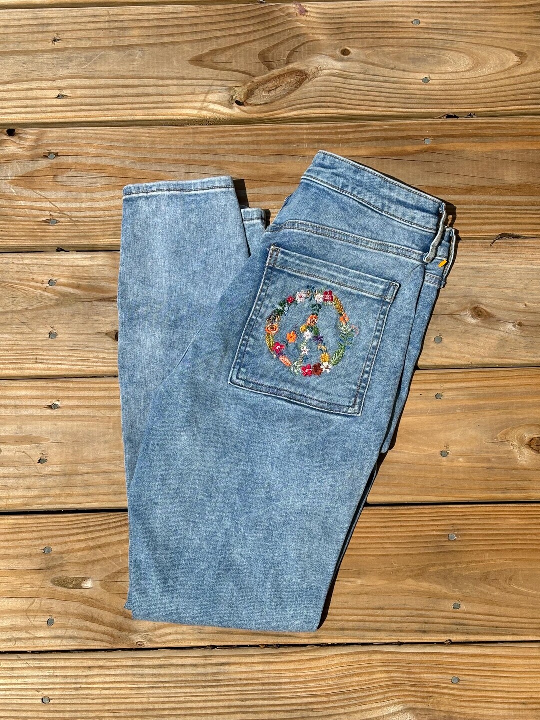 Thrifted High Rise Skinny Seamed Jeans With Embroidered Peace Flower ...