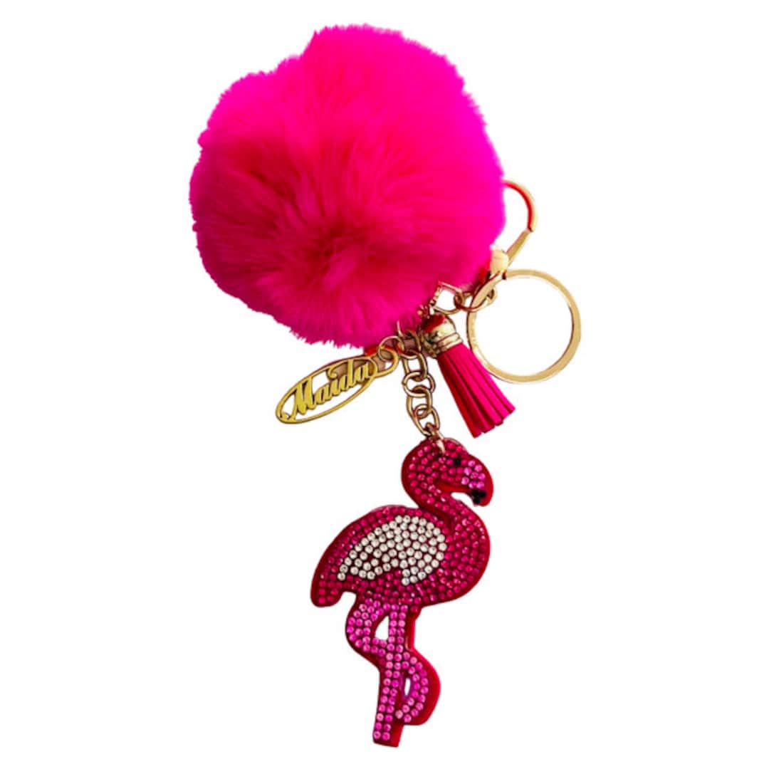 Pink Flamingo W/pom Pom Rhinestone Key Chain Purse Bag Charm, Back Pack ...