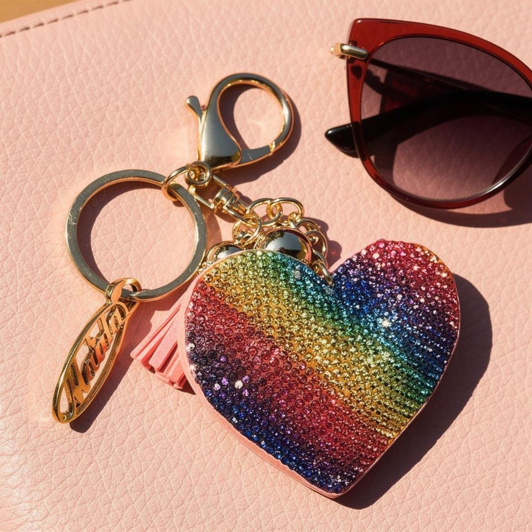 Pastel Rainbow Rhinestone Heart Keychain: Purse, Bag, Backpack ...