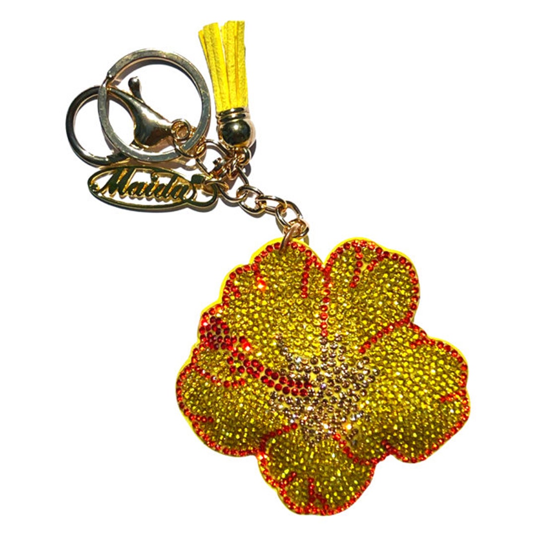 Yellow Exotic Flower Rhinestone Key Chain Purse Bag Charm, Key Chain ...