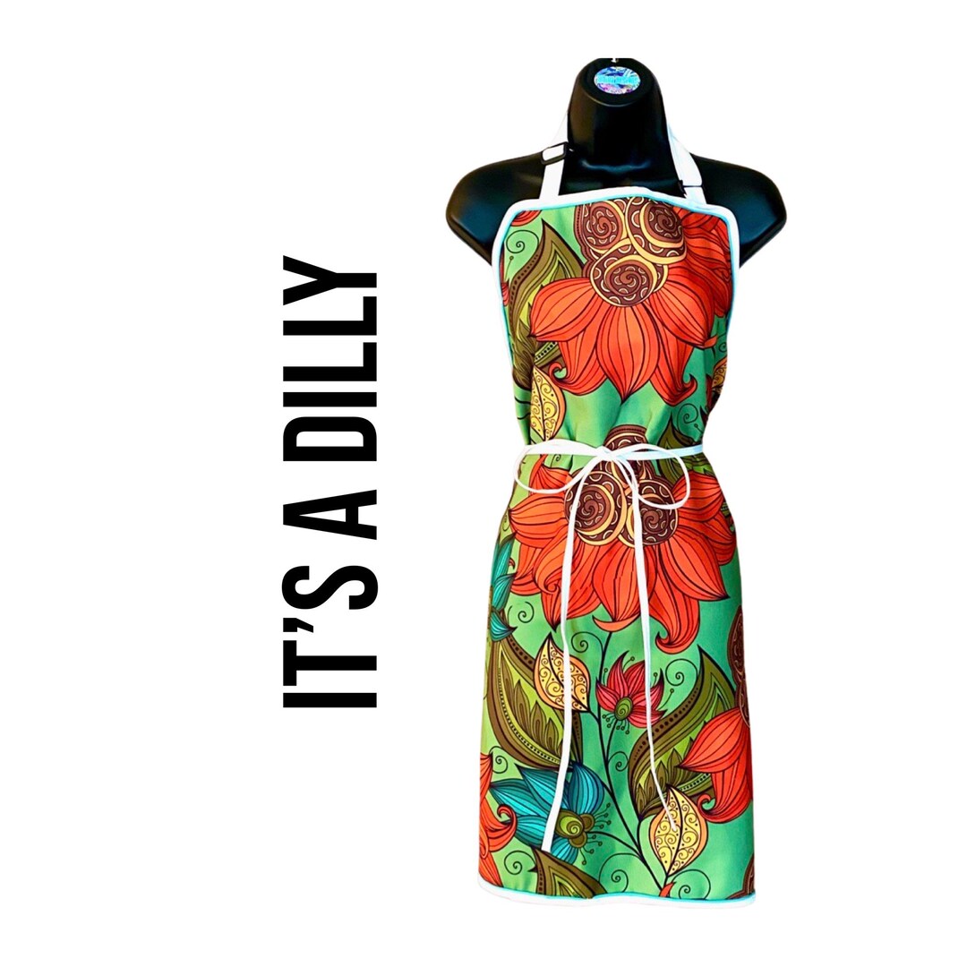 Floral Print Apron: Teal Trim, Adjustable Neck Strap - Etsy