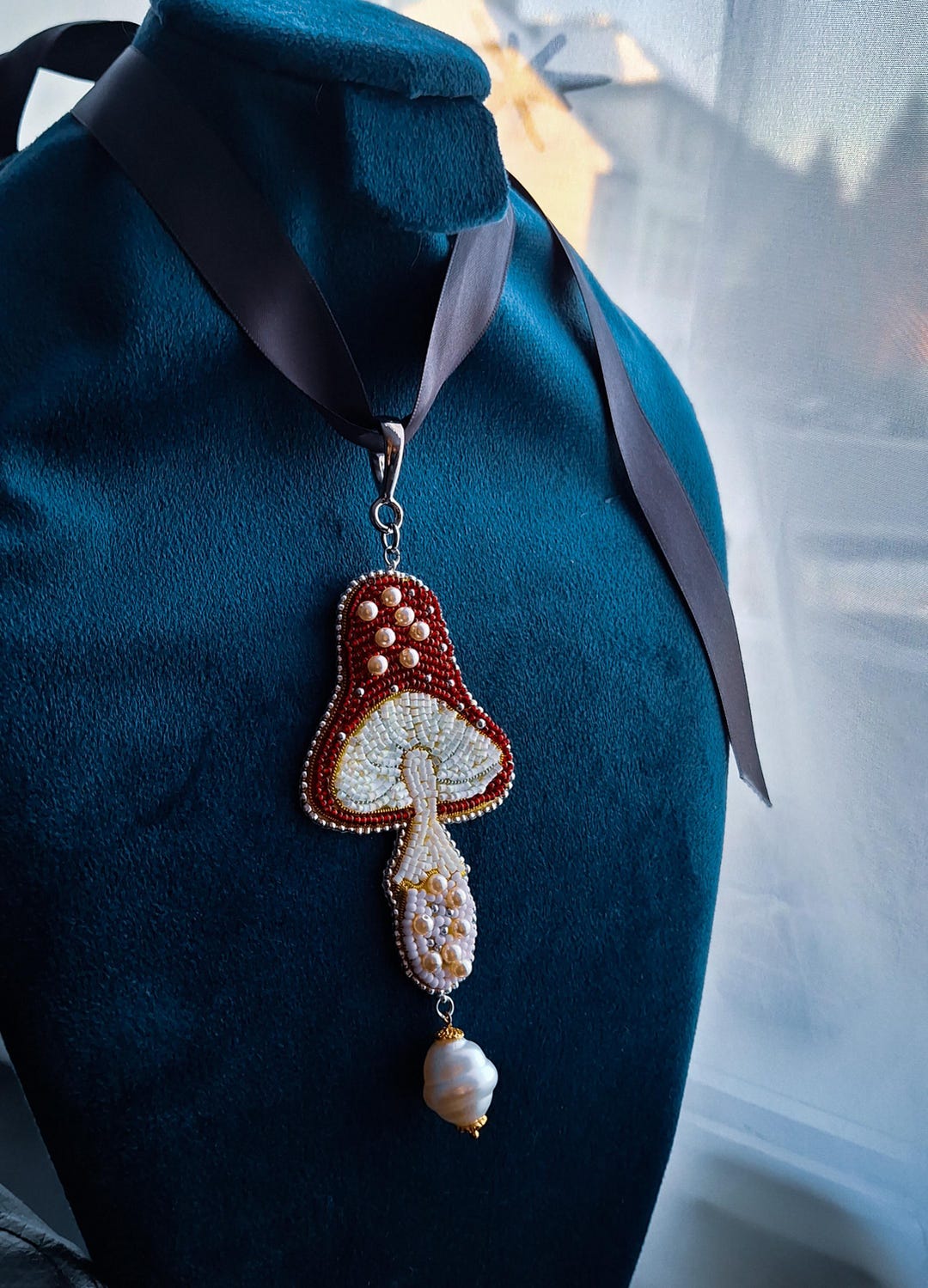 Hand Embroidered Mushroom Necklace – Beaded Toadstool Pendant With ...