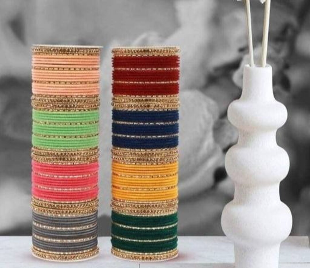144 Velvet Metal Bangles Set Bridal Bangles bollywood Style Velvet ...