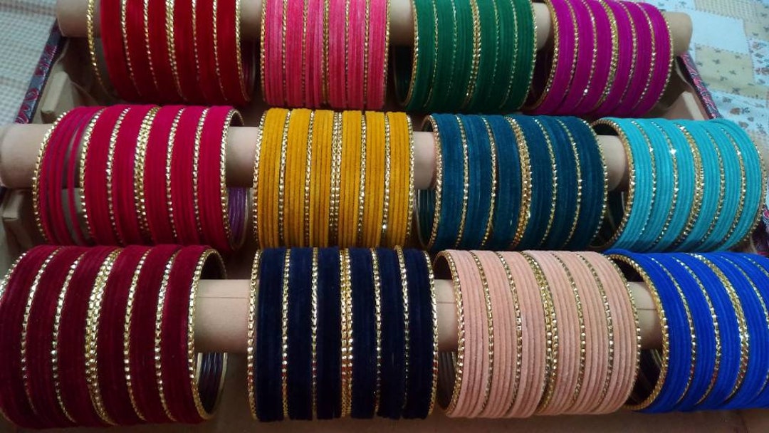 32 Metal Bangles Velvet Metal Bangles With Golden Bangles Girls Bangles ...