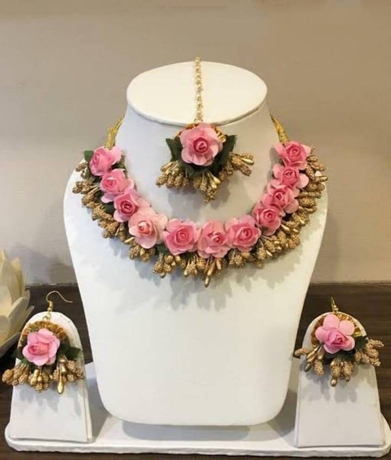 Pink Artificial Flower Jewellery Set Wedding Jwellery Etsy