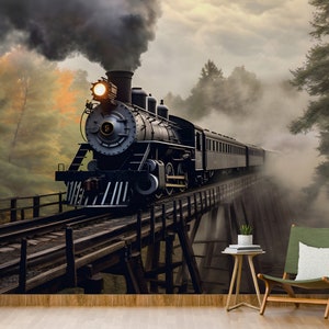 Locomotive Wallpaper/ Steam Train Wall Print/ 3D Wall Mural/ Old Steam ...