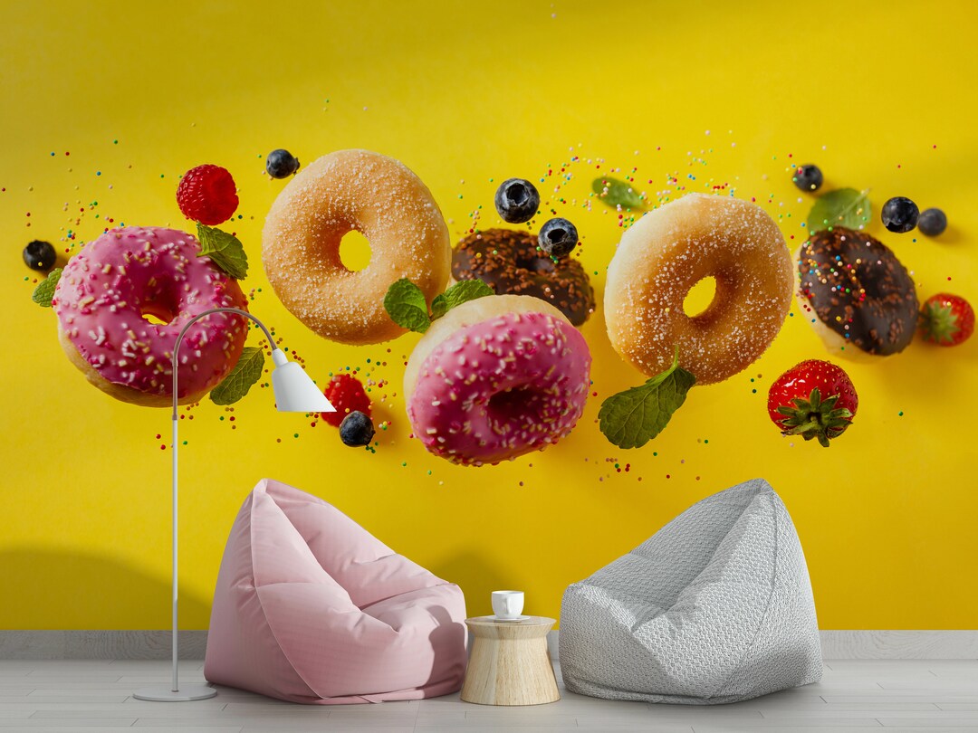 3D Donut Wall Mural/ 3D Donut Wallpaper/ Colorful Wall Mural/ Bakery ...