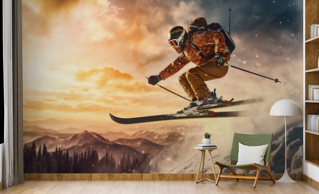 Skier Wall Mural/ Mountain Wallpaper/ Alpine Skiers Wall Mural/ Winter ...