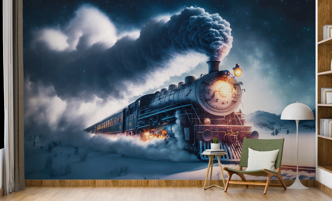 Locomotive Wallpaper/ Steam Train Wall Print/ 3D Wall Mural/ Old Steam ...