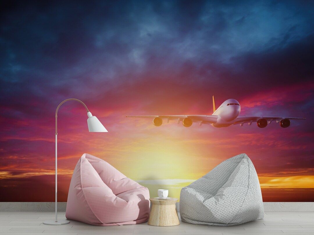Airplane Wall Mural/ Airplane Wallpaper/ Sky Wall Mural/ Clouds Wall ...