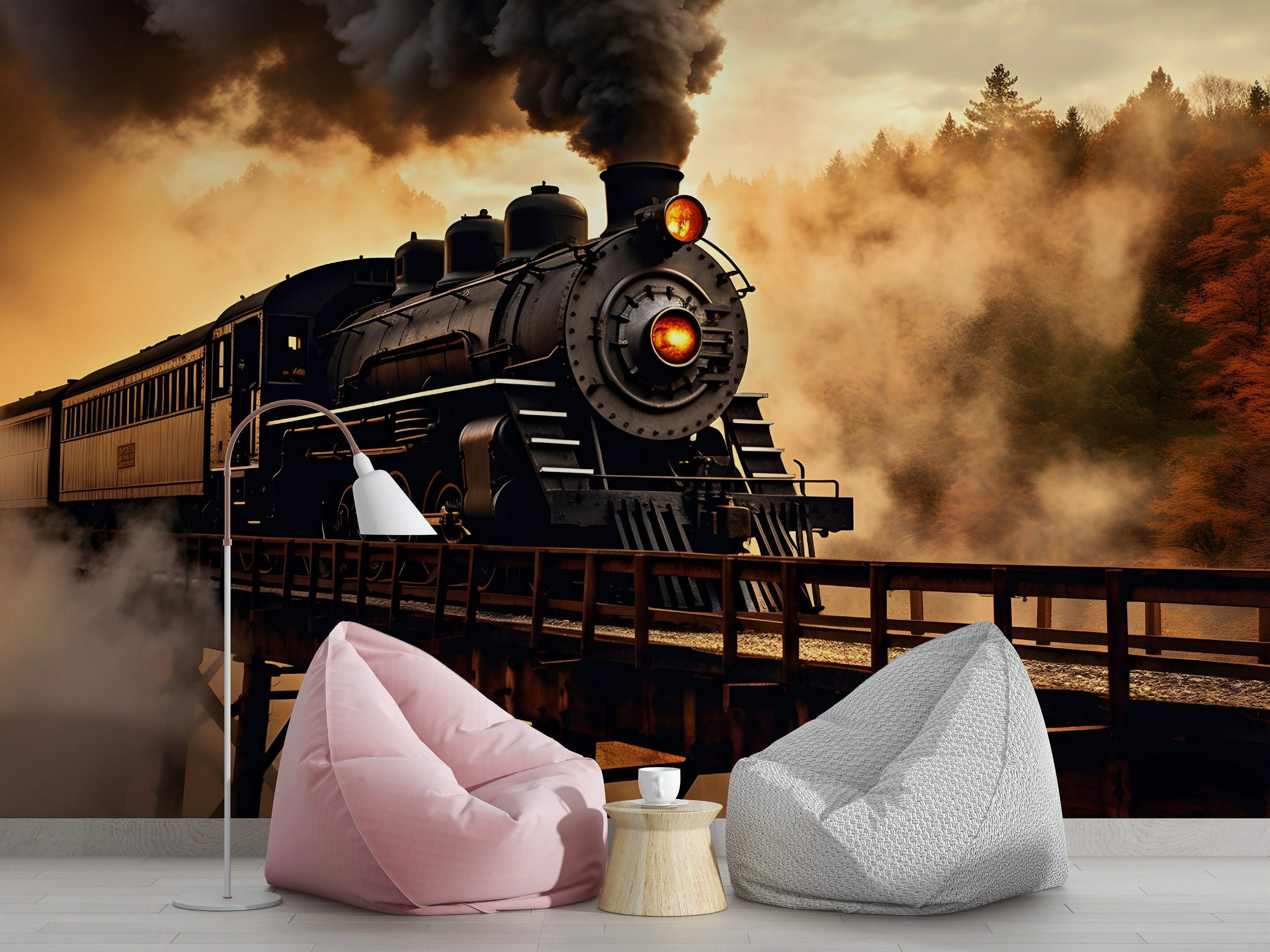 Locomotive Wallpaper/ Steam Train Wall Print/ 3D Wall Mural/ Old Steam ...