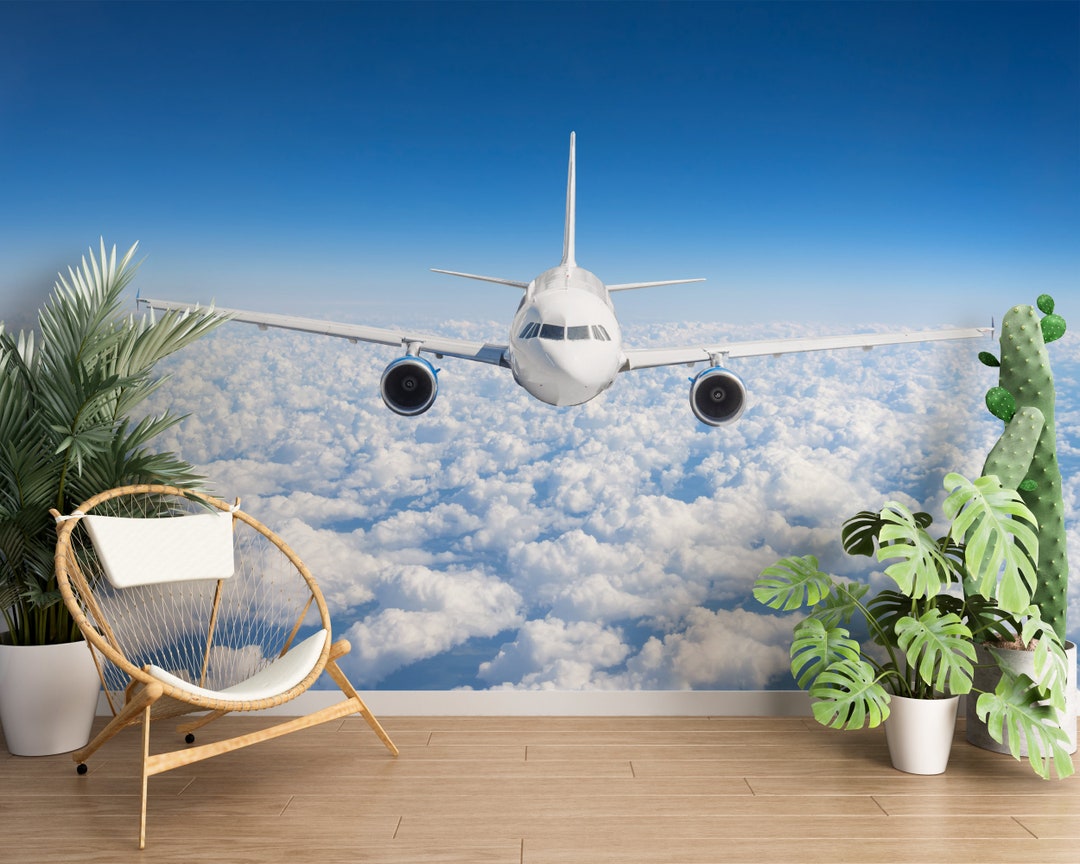 Airplane Wall Mural/ Airplane Wallpaper/ Sky Wall Mural/ Clouds Wall ...
