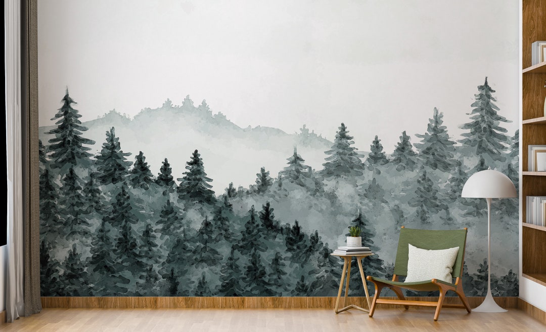 Forest Wall Mural/ Nature Wall Mural/ Spruce Forest Wall Mural/ Foggy ...