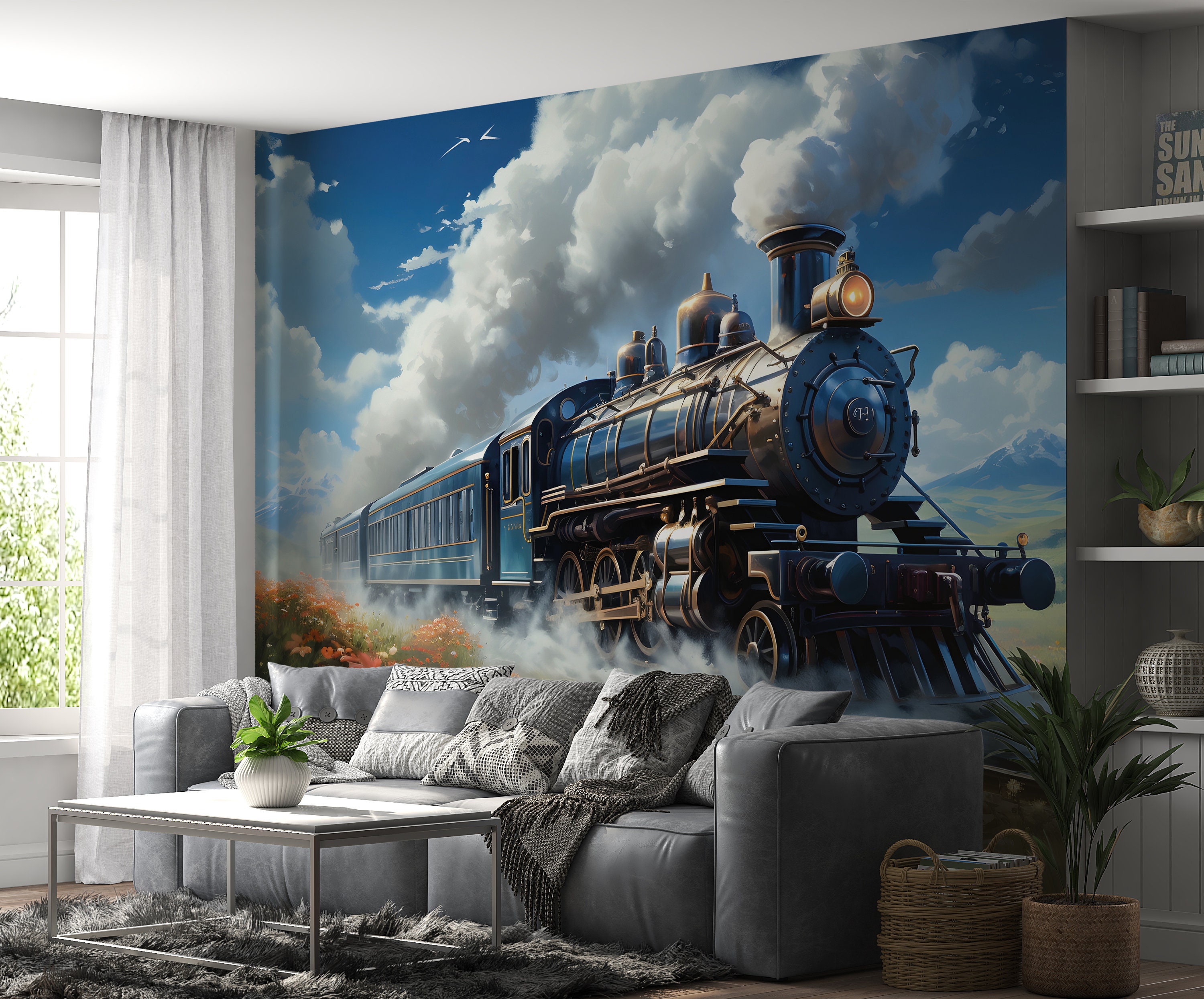 Locomotive Wallpaper/ Steam Train Wall Print/ 3D Wall Mural/ Old Steam ...