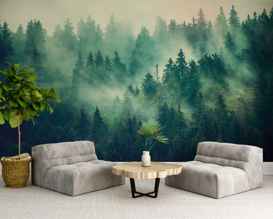 Forest Wall Mural/ Nature Wall Mural/ Spruce Forest Wall Mural/ Foggy ...