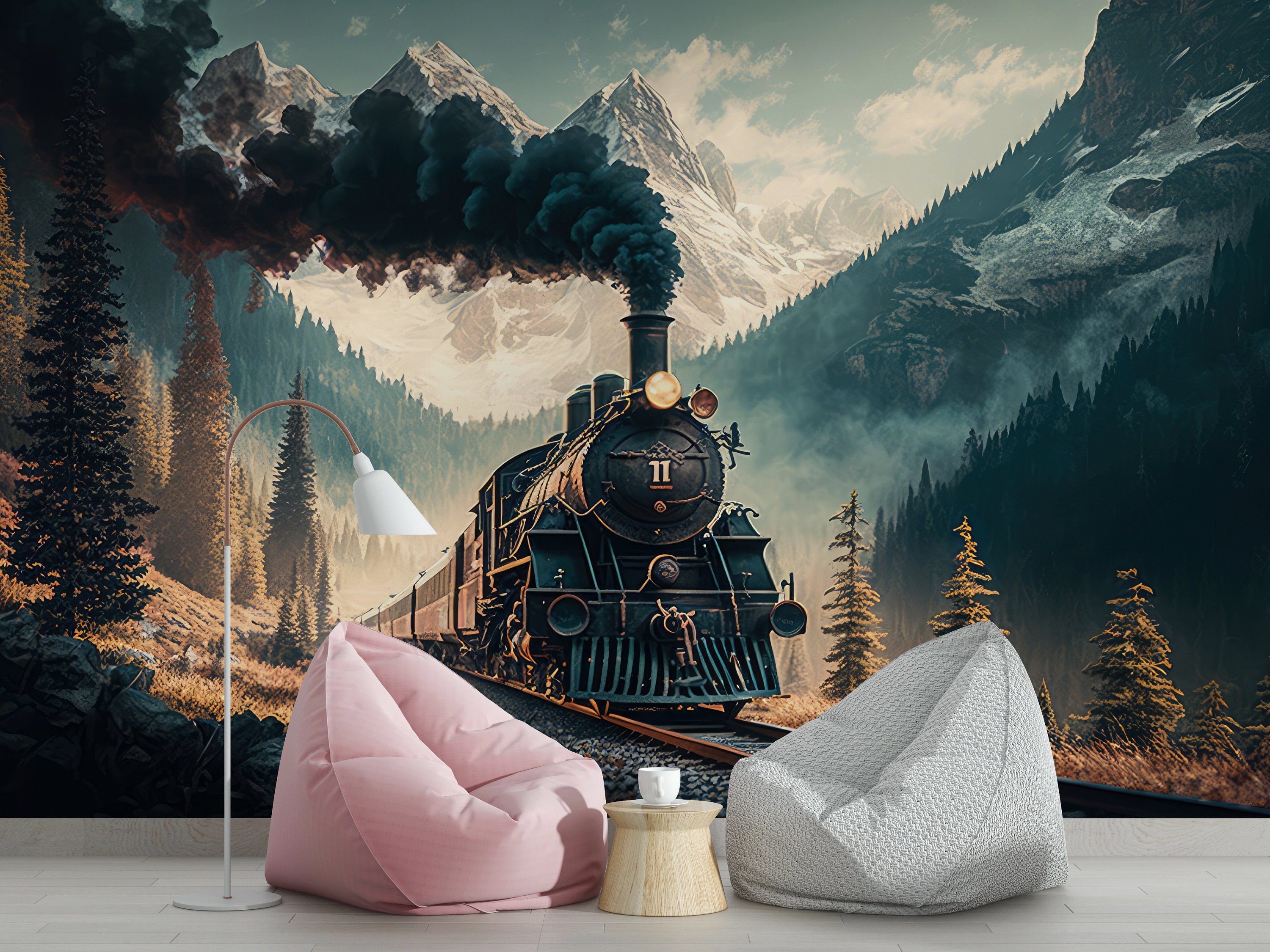 Locomotive Wallpaper/ Steam Train Wall Print/ 3D Wall Mural/ Old Steam ...