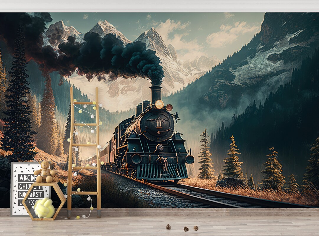 Locomotive Wallpaper/ Steam Train Wall Print/ 3D Wall Mural/ Old Steam ...