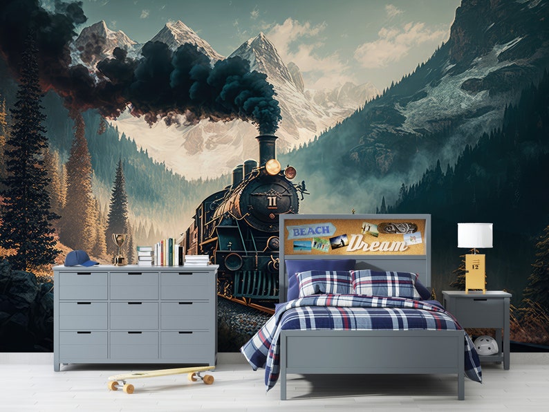 Locomotive Wallpaper/ Steam Train Wall Print/ 3D Wall Mural/ Old Steam ...