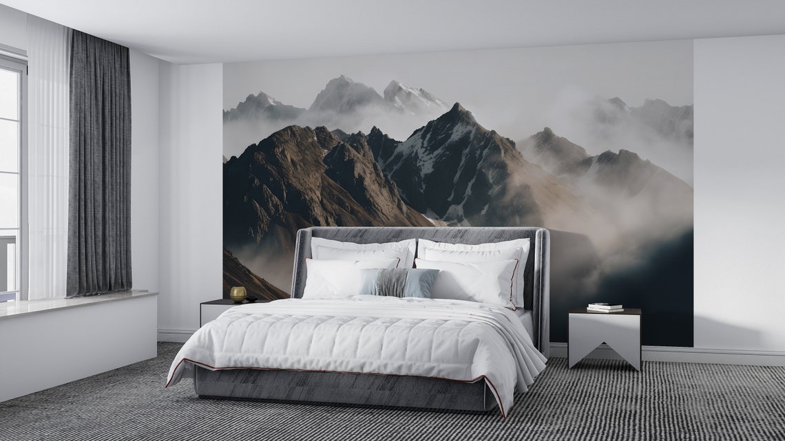 Mountain Wall Mural. Foggy Peaks Vinyl Wallpaper. Modern Bedroom Nature ...