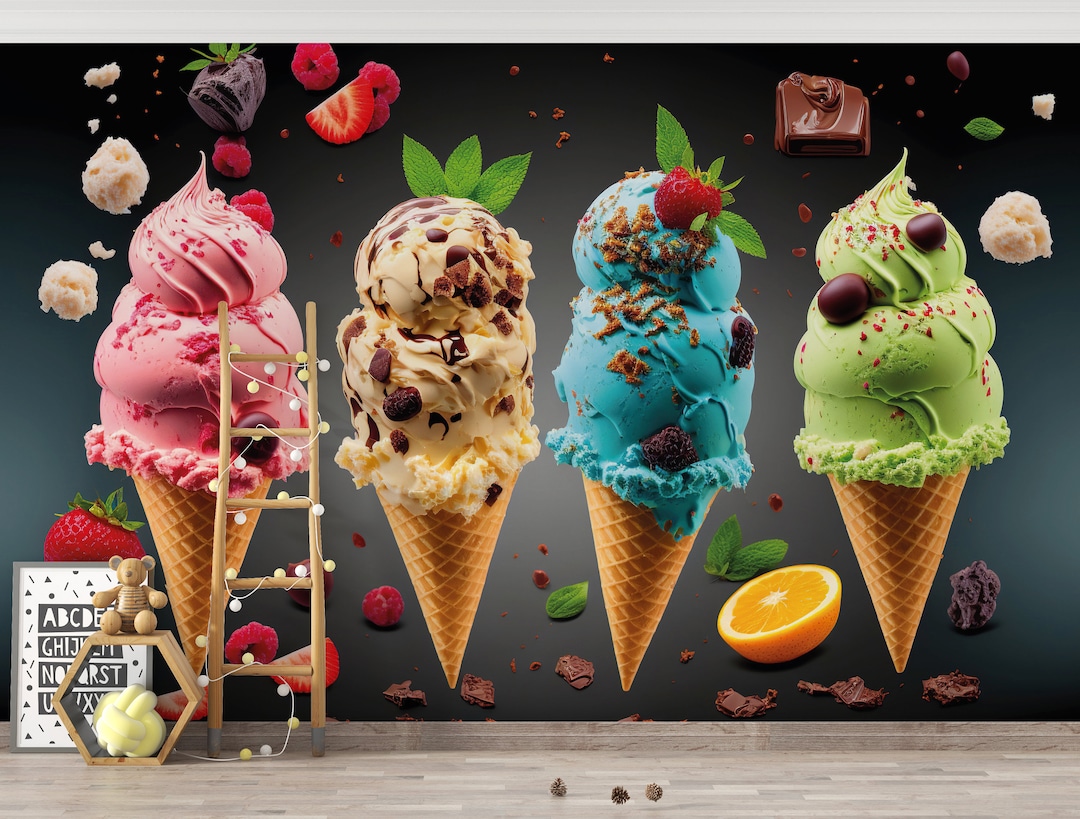 Ice Cream Wall Mural/ 3D Ice Cream Wallpaper/ Ice Cream Wall Art/ Café ...