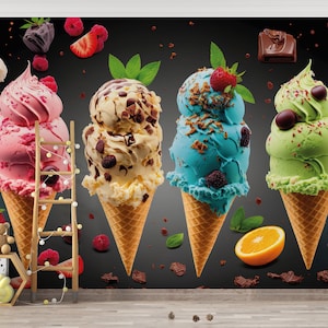 Ice Cream Wall Mural/ 3D Ice Cream Wallpaper/ Ice Cream Wall Art/ Café ...