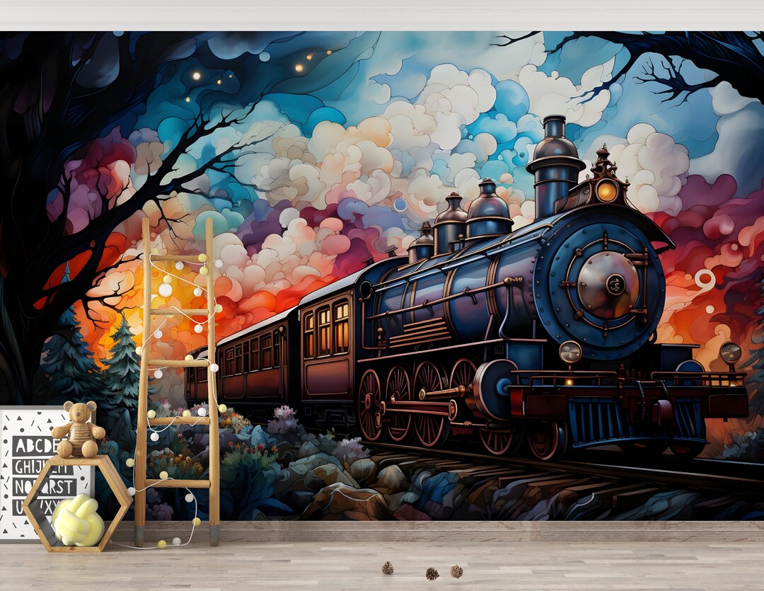 Locomotive Wallpaper/ Steam Train Wall Print/ 3D Wall Mural/ Old Steam ...