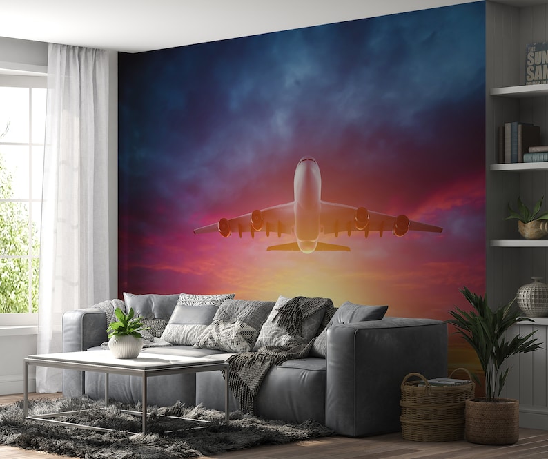 Airplane Wall Mural/ Airplane Wallpaper/ Sky Wall Mural/ Clouds Wall ...