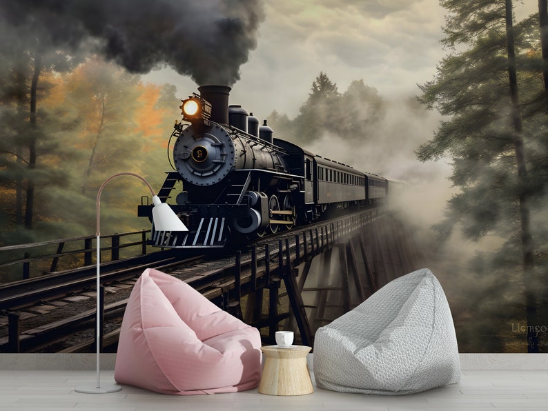 Locomotive Wallpaper/ Steam Train Wall Print/ 3D Wall Mural/ Old Steam ...