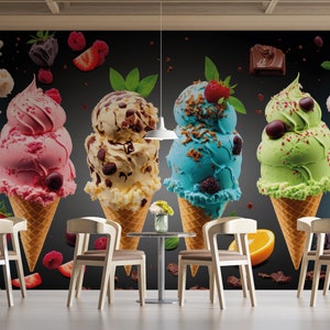 Ice Cream Wall Mural/ 3D Ice Cream Wallpaper/ Ice Cream Wall Art/ Café ...