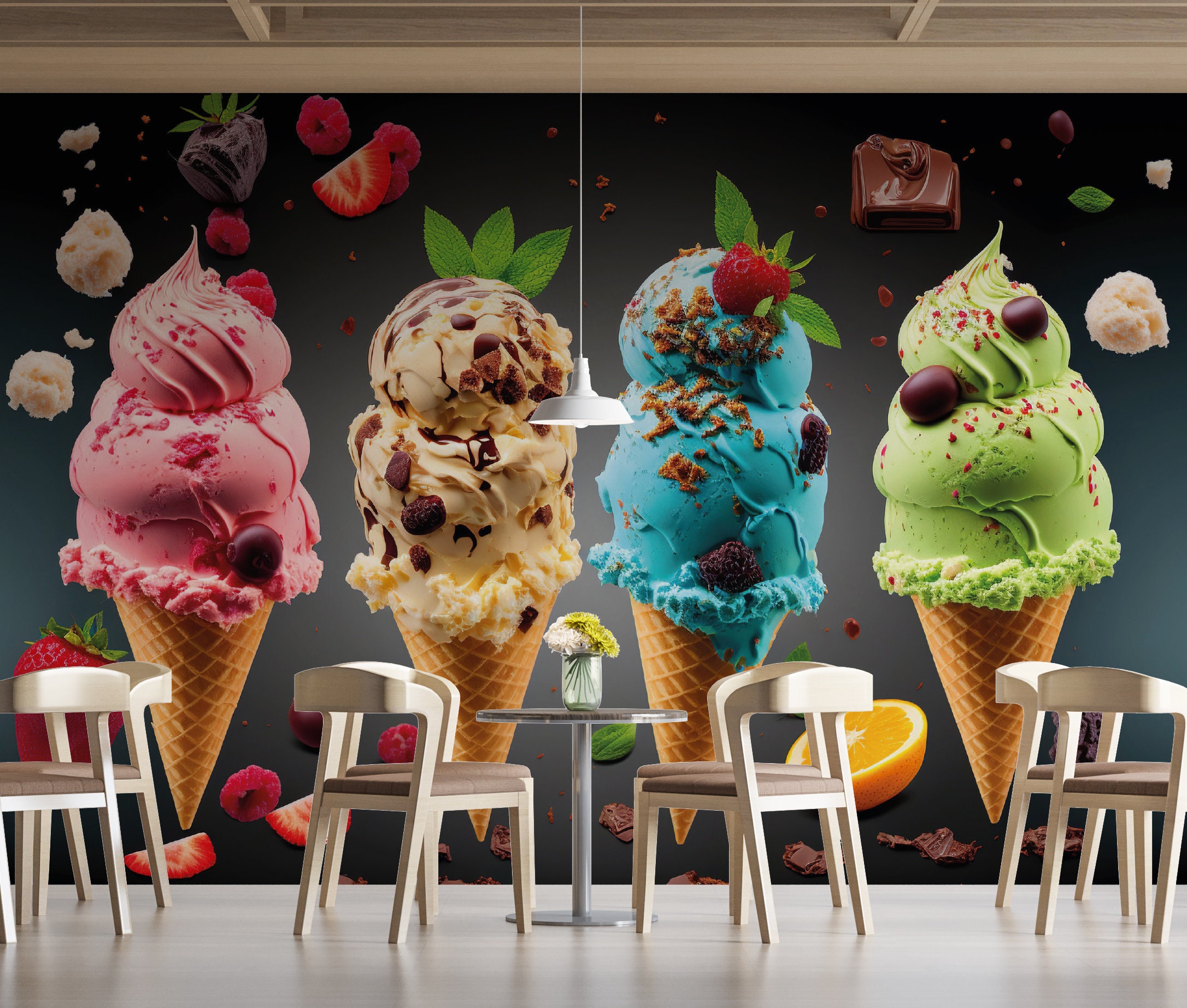 Ice Cream Wall Mural/ 3D Ice Cream Wallpaper/ Ice Cream Wall Art/ Café ...