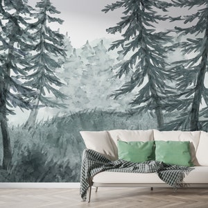 Forest Wall Mural/ Nature Wall Mural/ Spruce Forest Wall Mural/ Foggy ...