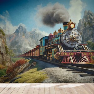 Locomotive Wallpaper/ Steam Train Wall Print/ 3D Wall Mural/ Old Steam ...