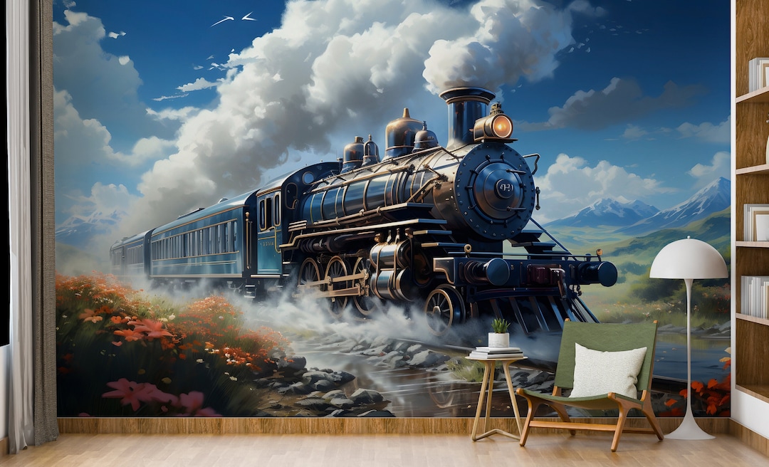 Locomotive Wallpaper/ Steam Train Wall Print/ 3D Wall Mural/ Old Steam ...