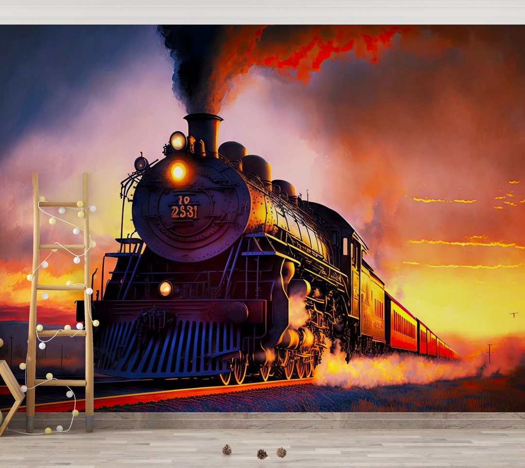 Locomotive Wallpaper/ Steam Train Wall Print/ 3D Wall Mural/ Old Steam ...
