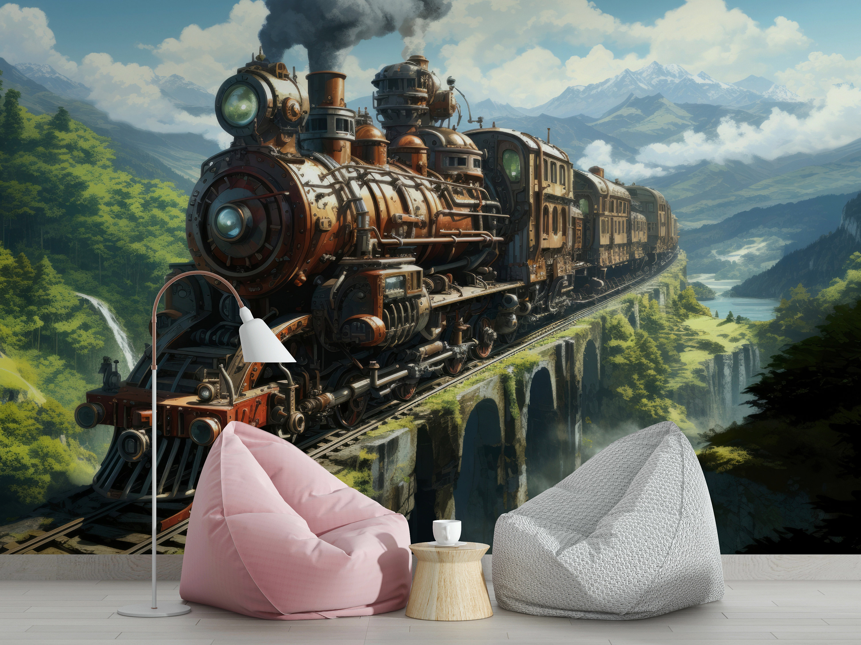 Locomotive Wallpaper/ Steam Train Wall Print/ 3D Wall Mural/ Old Steam ...